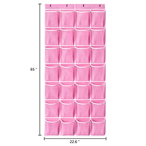 KEEPJOY 28 Pockets Hanging Shoe Organizer, Over the Door Shoe Organizer, Hanging Door Shoe Holder Rack with Mesh Pockets Large Size 65 x 23 Inch (Pink-1Pack)