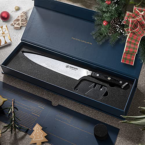 Brewin Kitchen Knife with Sharpener, Razor Sharp 8 Inch Chef Knife with Black Pakkawood Handle German High Carbon Stainless Steel Full Tang Professional Cooking Knives with Gift Box