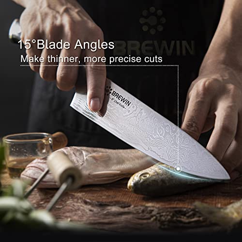 Brewin Kitchen Knife with Sharpener, Razor Sharp 8 Inch Chef Knife with Black Pakkawood Handle German High Carbon Stainless Steel Full Tang Professional Cooking Knives with Gift Box