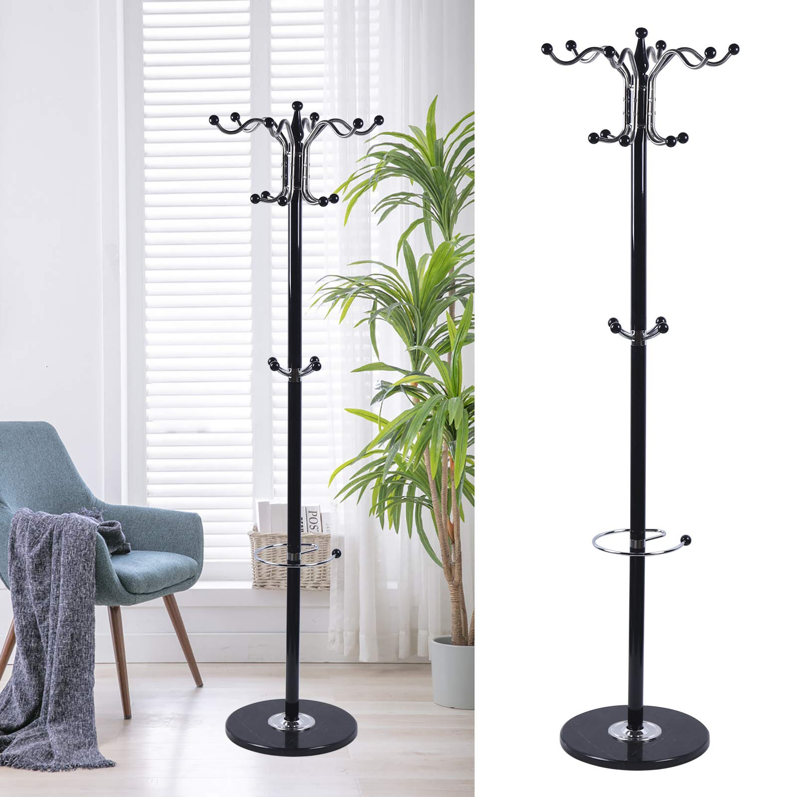 WDZCZDoo 67" Metal Coat Rack Stand with Natural Marble Base, Free Standing Hall Tree with 16 Hooks for Hanging Scarf, Bag, Jacket, Home Entry-way Hat Hanger Organizer (Black)