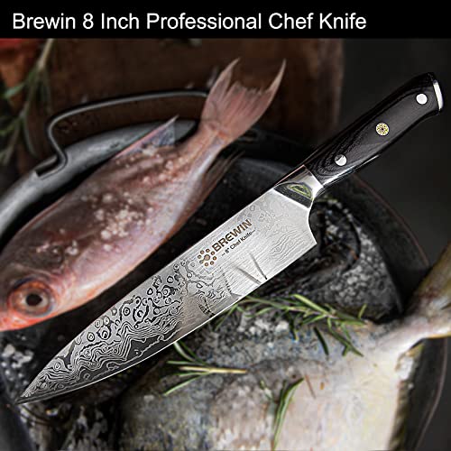 Brewin Kitchen Knife with Sharpener, Razor Sharp 8 Inch Chef Knife with Black Pakkawood Handle German High Carbon Stainless Steel Full Tang Professional Cooking Knives with Gift Box