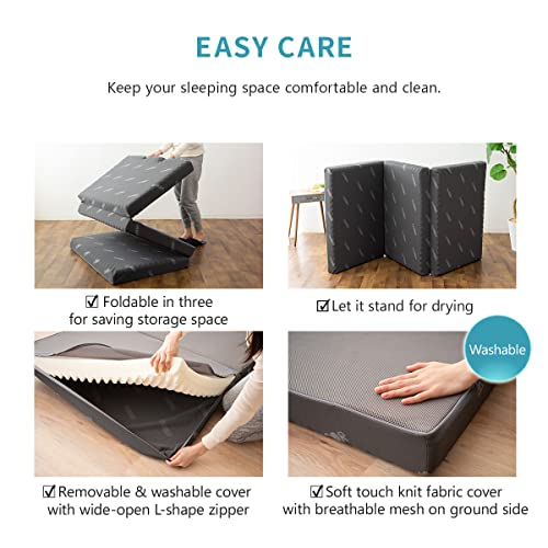 EMOOR Tri-Fold Mattress Start Twin (78x38x3in) 180N, High Resistance Egg Crate, Washable Cover, Gray, Minimalist,