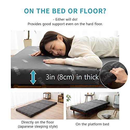 EMOOR Tri-Fold Mattress Start Twin (78x38x3in) 180N, High Resistance Egg Crate, Washable Cover, Gray, Minimalist,