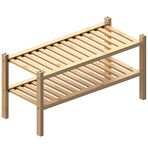 ROMGUAR CRAFT Bamboo Shoe Rack for Entryway, 2-Tier Free Standing Shoe Racks Stackable Shoe Rack Organizer For Hallway Closet Living Room 27 x12 x14 Inches