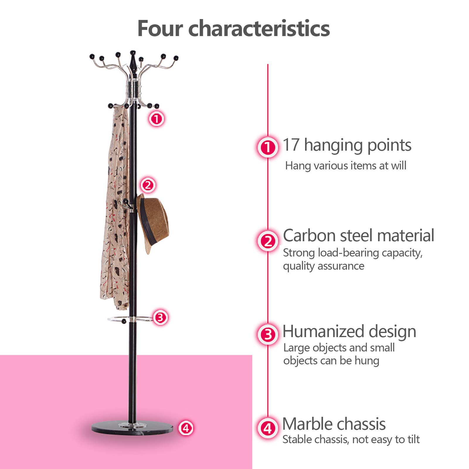WDZCZDoo 67" Metal Coat Rack Stand with Natural Marble Base, Free Standing Hall Tree with 16 Hooks for Hanging Scarf, Bag, Jacket, Home Entry-way Hat Hanger Organizer (Black)