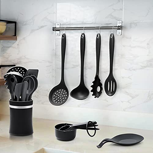 Silicone Cooking Utensils Set, 28PCS Kitchen Utensils Set with Holder, AIKWI Heat-Resistant & Non-stick Silicone Spatula, Tongs,Spoon for Cooking, BPA Free Kitchen Tools Gift (Black)