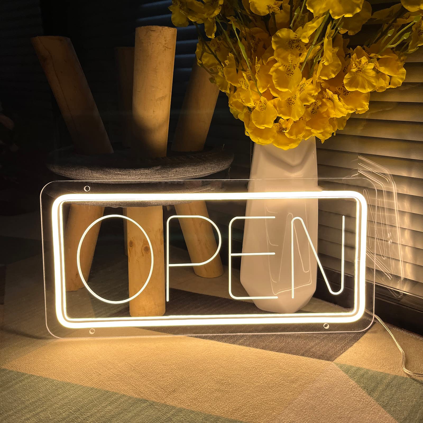 Neon Open Sign for Business, Personalized LED Open Light Up Sign Powered by USB for Bar, Stores, Salon, Coffee Shop Window, Hotel etc Small Business Welcome Neon Sign, Warm White, 15.7x7.5in
