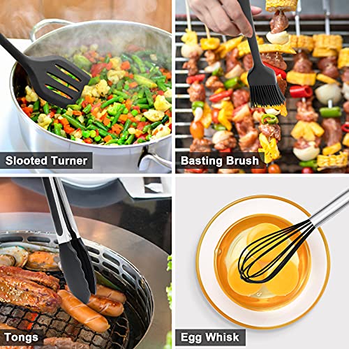 Silicone Cooking Utensils Set, 28PCS Kitchen Utensils Set with Holder, AIKWI Heat-Resistant & Non-stick Silicone Spatula, Tongs,Spoon for Cooking, BPA Free Kitchen Tools Gift (Black)