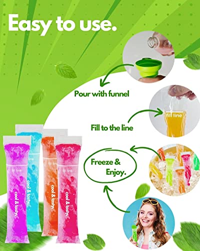 ANSMIO 150 Disposable Popsicle Mold Bags with Zip Seals, 8x2" Freezer Tubes for DIY Ice Pops, Yogurt, Juice & Fruit Smoothies - Includes Funnel for Healthy Snack Prep, BPA-Free, Ice Pop Molds