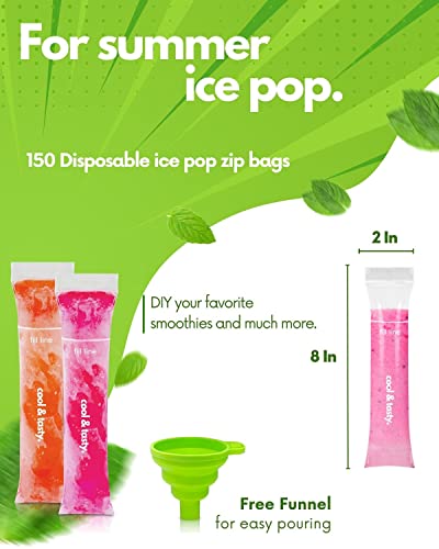 ANSMIO 150 Disposable Popsicle Mold Bags with Zip Seals, 8x2" Freezer Tubes for DIY Ice Pops, Yogurt, Juice & Fruit Smoothies - Includes Funnel for Healthy Snack Prep, BPA-Free, Ice Pop Molds