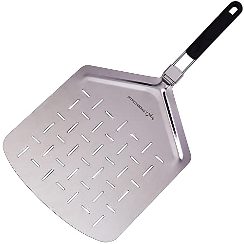KitchenStar Perforated Stainless Steel Pizza Peel with Folding Handle (13 x 16.5 Inches) for Oven Pizza Turning, Placement and Retrieving - Professional Baking Tools Series