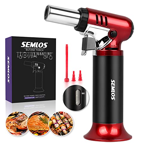 Semlos Butane Torch with Fuel Gauge, Refillable Cooking Torch Lighter, One-handed Operation Blow Torch with Safety Lock and Adjustable Flame, Fit All Butane Tanks Kitchen Torch for Creme Brûlée, BBQ