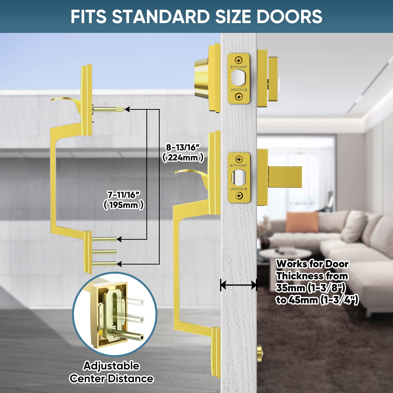 TICONN Front Door Handle Set, Heavy Duty Square Door Lever & Single Cylinder Deadbolt Combo Reversible for Entrance Exterior Doors (Polished Brass)