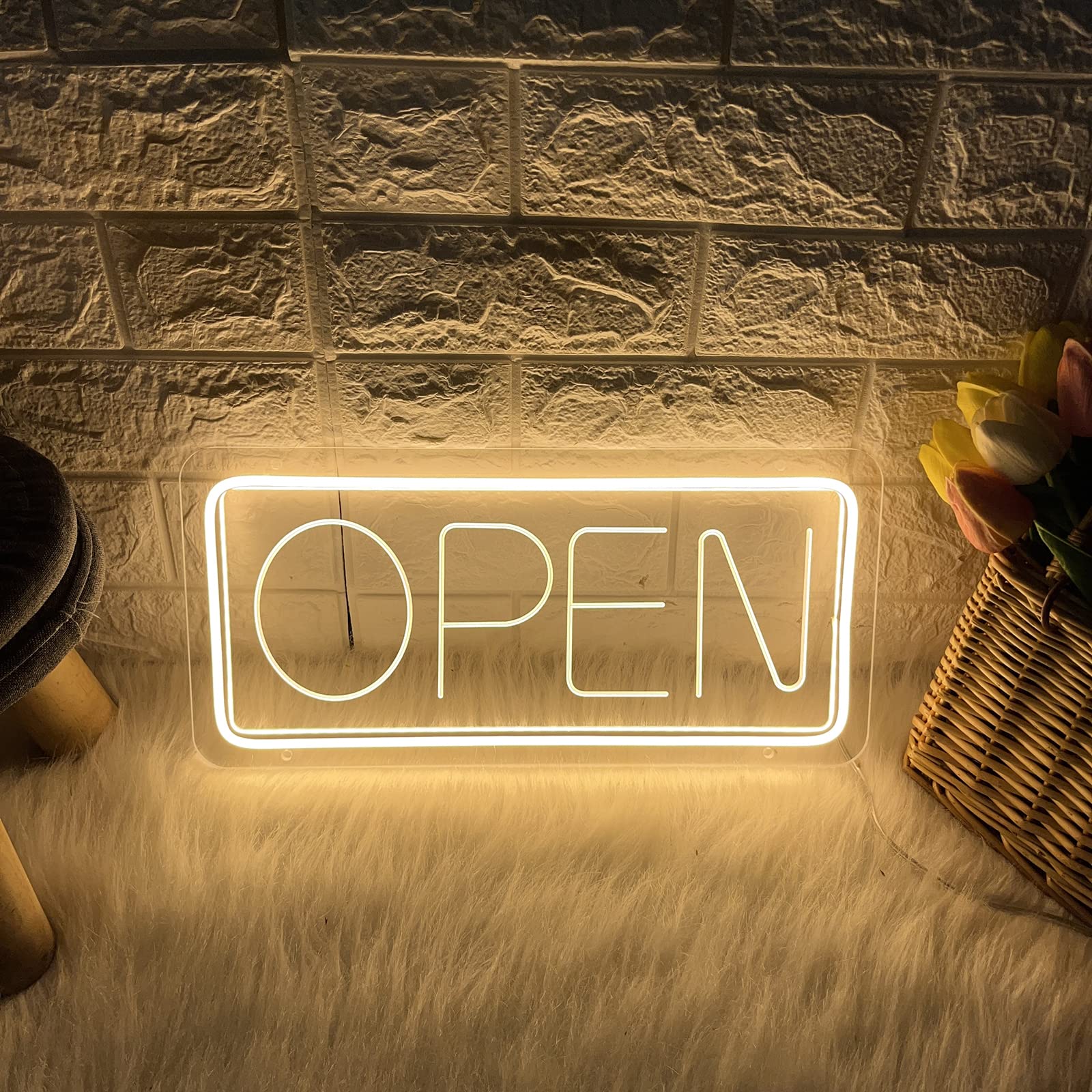 Neon Open Sign for Business, Personalized LED Open Light Up Sign Powered by USB for Bar, Stores, Salon, Coffee Shop Window, Hotel etc Small Business Welcome Neon Sign, Warm White, 15.7x7.5in
