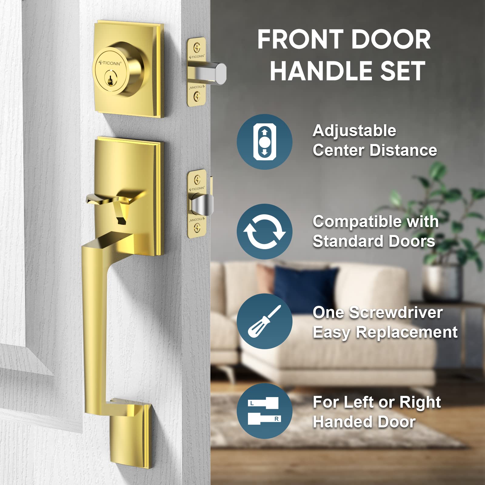 TICONN Front Door Handle Set, Heavy Duty Square Door Lever & Single Cylinder Deadbolt Combo Reversible for Entrance Exterior Doors (Polished Brass)