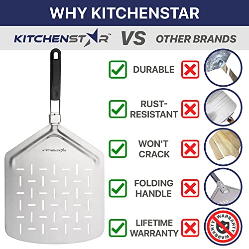 KitchenStar Perforated Stainless Steel Pizza Peel with Folding Handle (13 x 16.5 Inches) for Oven Pizza Turning, Placement and Retrieving - Professional Baking Tools Series