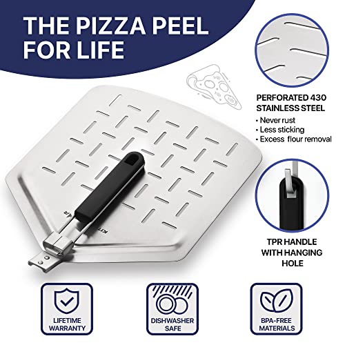 KitchenStar Perforated Stainless Steel Pizza Peel with Folding Handle (13 x 16.5 Inches) for Oven Pizza Turning, Placement and Retrieving - Professional Baking Tools Series