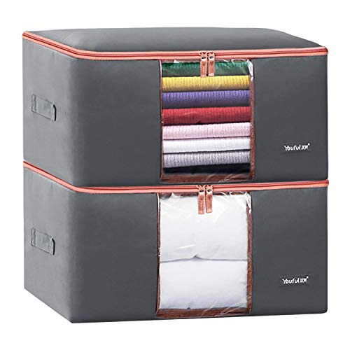 BYG 100L Waterproof Clothes Storage Bag, Closet Organizer with Heavy-duty 600D Fabric & Reinforced Handle for Comforters, Bedding,Blankets,Clothing,Pillows, Decorations Store,Extra Large Capacity,Pack of 2(Gray)