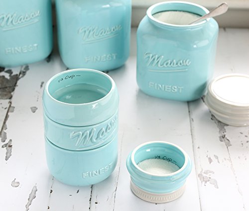 Sparrow Decor Mason Jar Measuring Cups Set - Set of 4 Ceramic Measuring Cups (1/4, 1/3, 1/2, 1 Cup) in Rustic, Antique, Farmhouse Design Perfect for Your Kitchen (Blue)