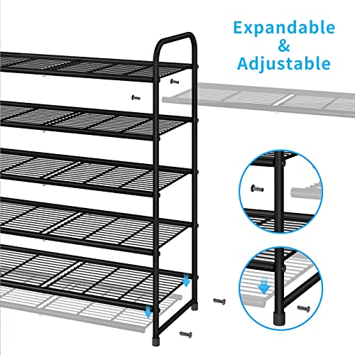 Simple Trending 5-Tier Stackable Shoe Rack, Expandable & Adjustable Shoe Organizer Storage Shelf, Wire Grid, Black