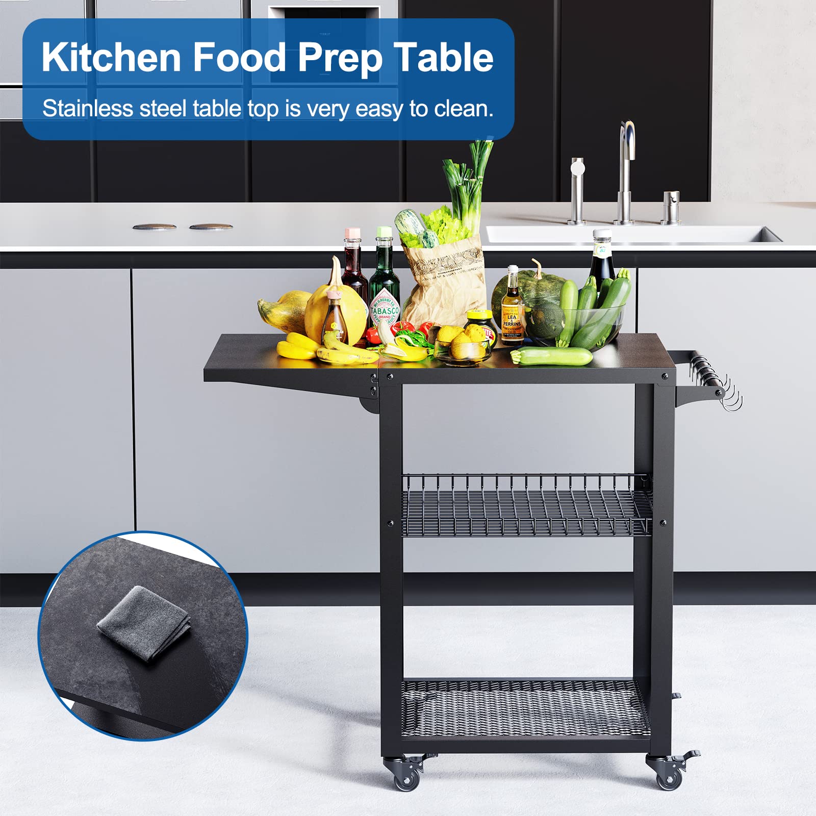 inkmin Outdoor Dining Table Three-Shelf Trolley Movable BBQ Cart Stainles Commercial Multifunctional Kitchen Food Prep Worktable Patio Bar Table