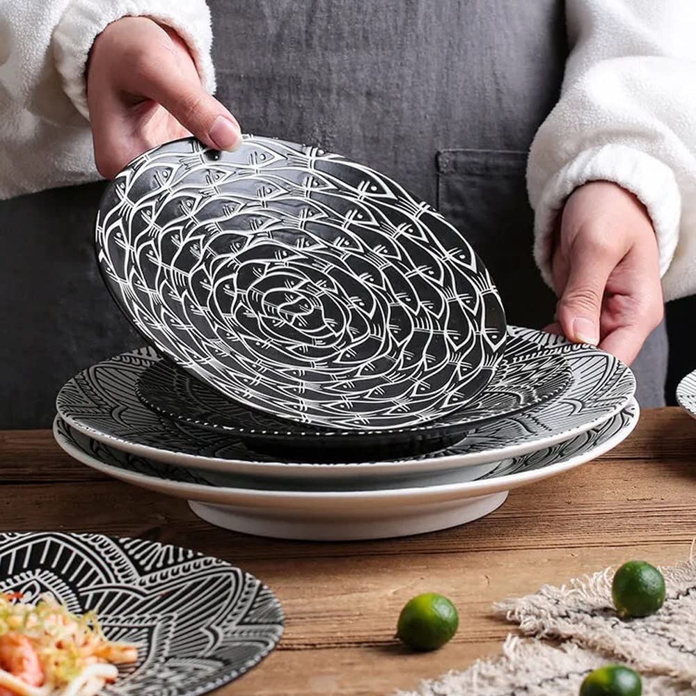 MAXLYA Bone China Plate, Japanese Set Tableware Straw Hat Western Food Plate Creative Embossed Fish Plate Pasta Plate Dessert Plate, Stackable & Dishwasher Safe (Set of 4/8'')