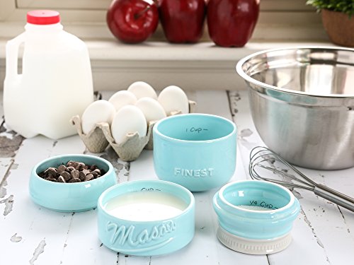 Sparrow Decor Mason Jar Measuring Cups Set - Set of 4 Ceramic Measuring Cups (1/4, 1/3, 1/2, 1 Cup) in Rustic, Antique, Farmhouse Design Perfect for Your Kitchen (Blue)