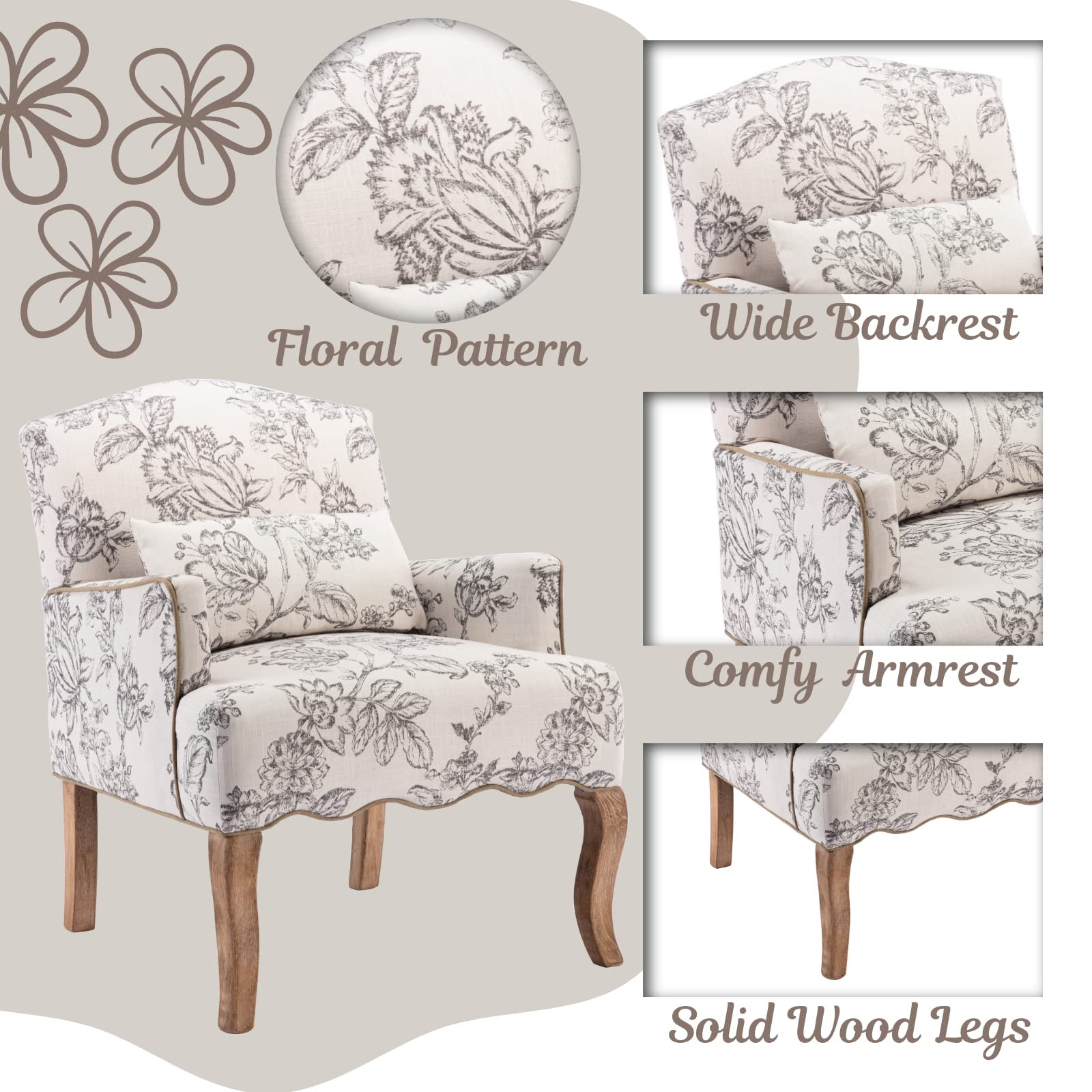CIMOO Floral Accent Chair Fabric Comfy Single Sofa Upholstered Modern Reading Chair with Removable Pillow Wingback Arm Chair for Living Room/Bedroom/Fireplace, Beige