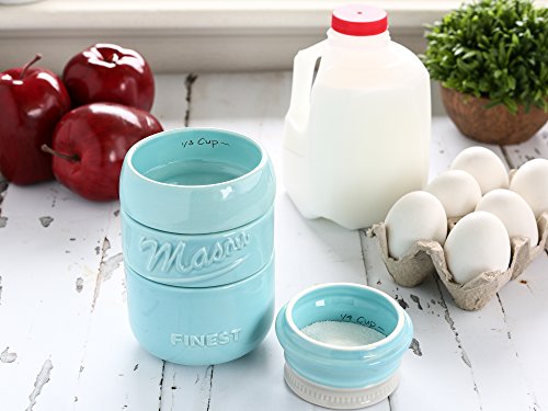 Sparrow Decor Mason Jar Measuring Cups Set - Set of 4 Ceramic Measuring Cups (1/4, 1/3, 1/2, 1 Cup) in Rustic, Antique, Farmhouse Design Perfect for Your Kitchen (Blue)