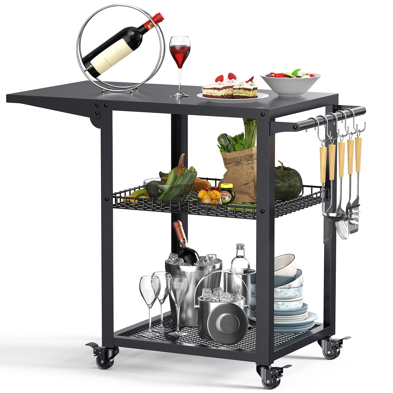inkmin Outdoor Dining Table Three-Shelf Trolley Movable BBQ Cart Stainles Commercial Multifunctional Kitchen Food Prep Worktable Patio Bar Table