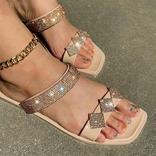 Slipper Socks for Women Women Shoes Fashion Bright Diamond Square Bright Diamond Sandals Flash Diamond One Leg Wear Flat (Khaki, 8)