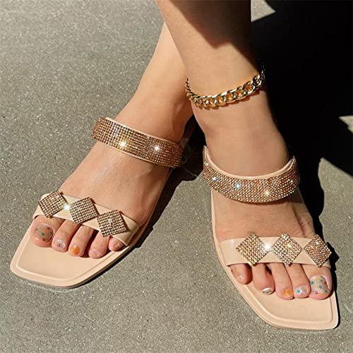 Slipper Socks for Women Women Shoes Fashion Bright Diamond Square Bright Diamond Sandals Flash Diamond One Leg Wear Flat (Khaki, 8)