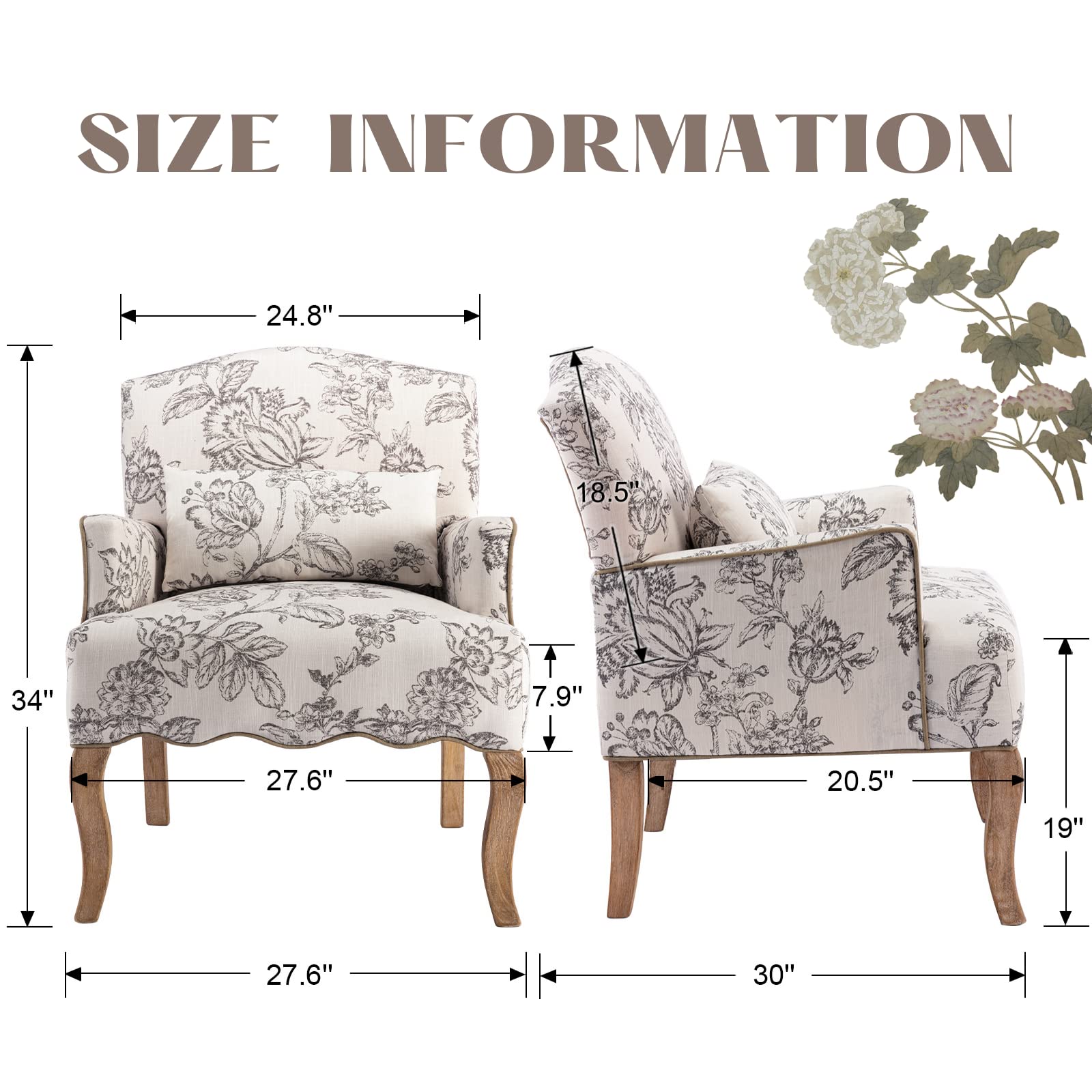 CIMOO Floral Accent Chair Fabric Comfy Single Sofa Upholstered Modern Reading Chair with Removable Pillow Wingback Arm Chair for Living Room/Bedroom/Fireplace, Beige