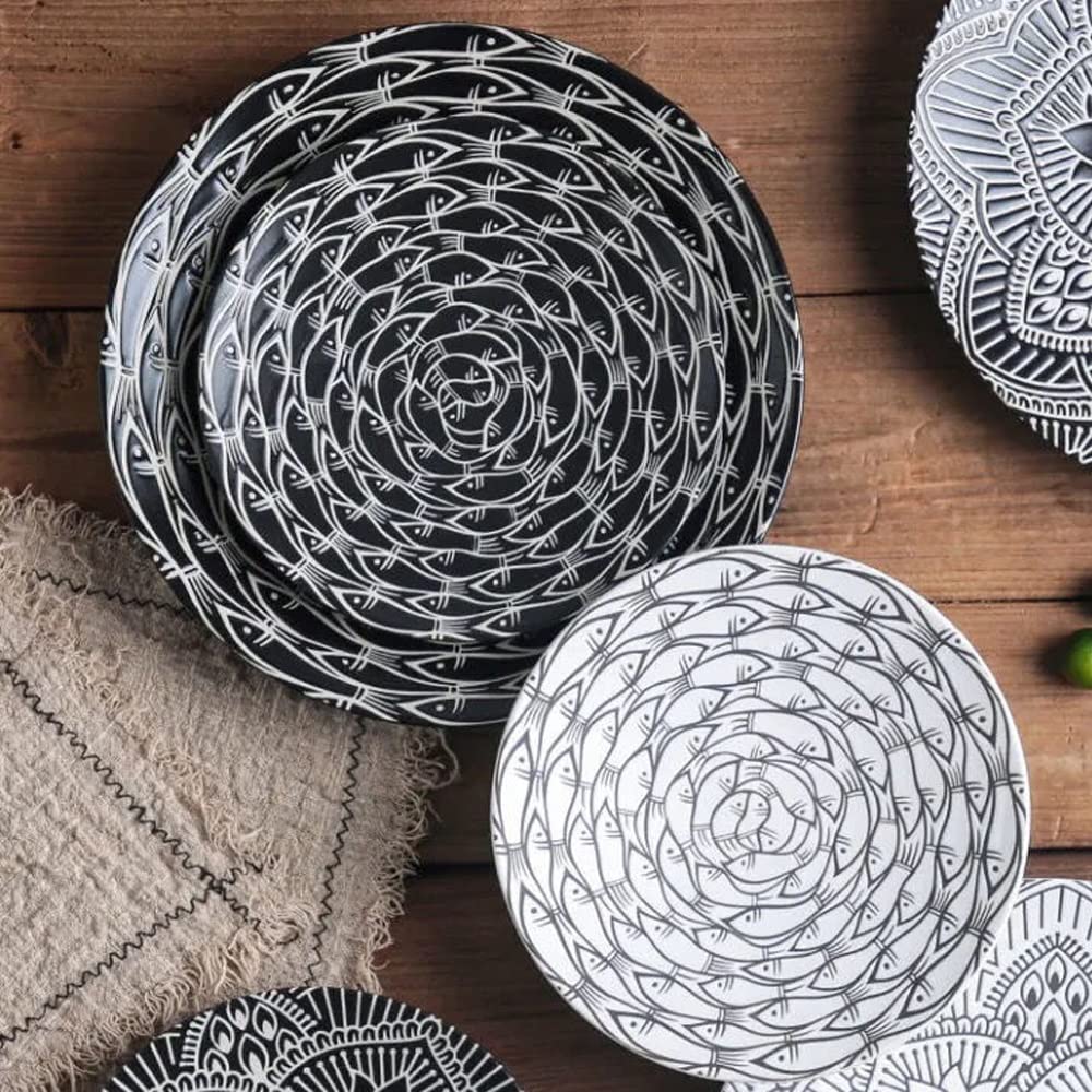 MAXLYA Bone China Plate, Japanese Set Tableware Straw Hat Western Food Plate Creative Embossed Fish Plate Pasta Plate Dessert Plate, Stackable & Dishwasher Safe (Set of 4/8'')
