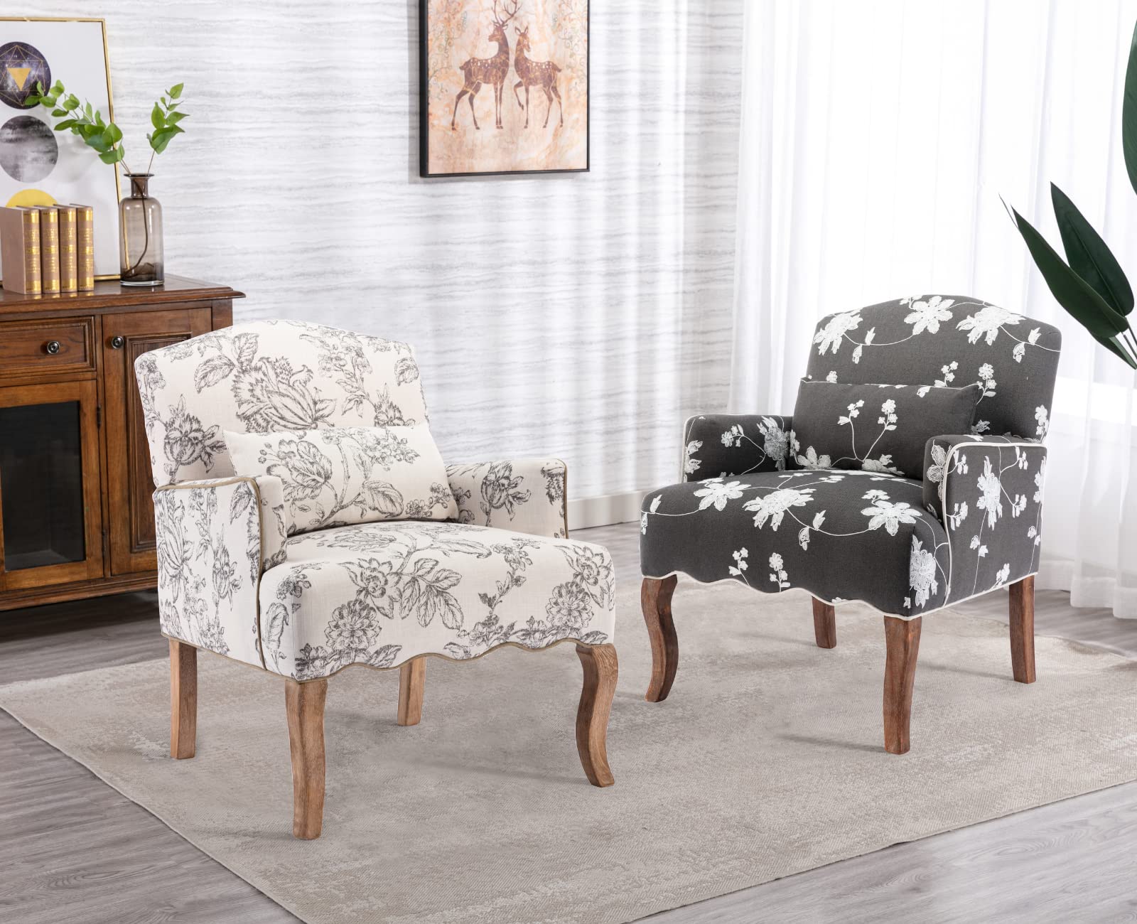 CIMOO Floral Accent Chair Fabric Comfy Single Sofa Upholstered Modern Reading Chair with Removable Pillow Wingback Arm Chair for Living Room/Bedroom/Fireplace, Beige
