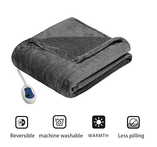 Beautyrest Reversible Microlight to Sherpa Electric Blanket, Auto Shut Off, Virtually Zero EMF, Multi Heat Setting, UL Certified, Machine Washable, Grey Oversized Throw (60 inx70 in)