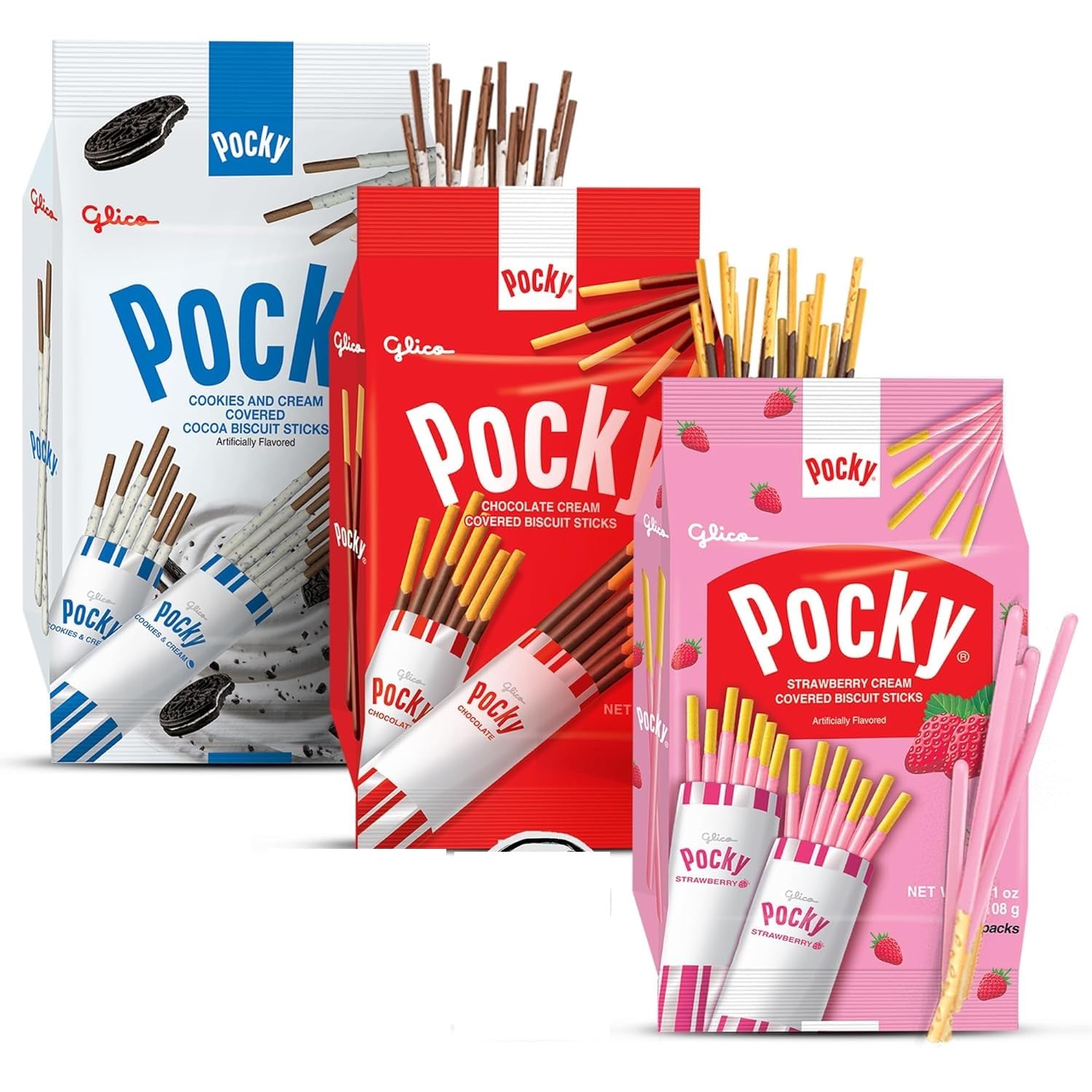 Pocky Sticks Japanese Snacks Variety Pack of 3 - Poky Stix Strawberry, Chocolate, Cookies, and Cream Asian Candy by Grateful Grocer