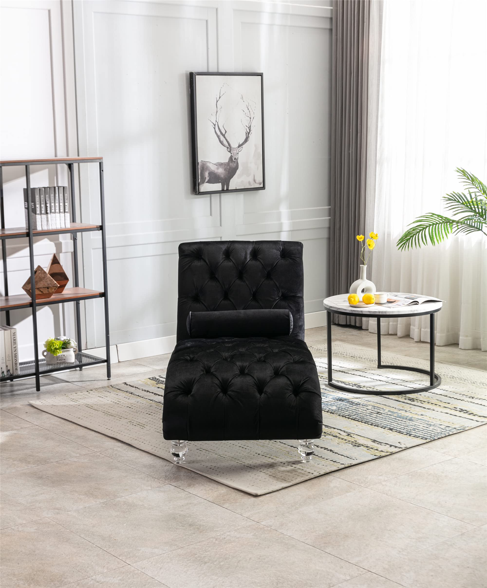 Leisure Velvet Concubine Sofa Accent Sofa Chaise Reclining Lounger Barrel Sofa with Acrylic Feet (Black)