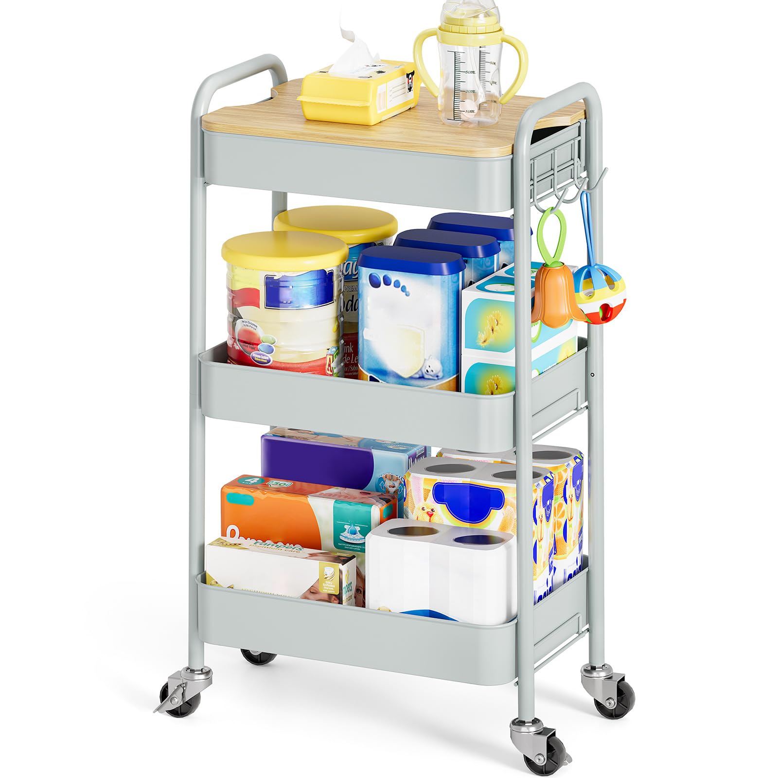 TOOLF 3 Tier Rolling Cart, Metal Utility Cart with Wheels & Wooden Top, Diaper Organizer Cart, Rolling Craft Storage Cart, Serving Trolley Cart for Kitchen, Office, Bathroom, Baby Nursery, Green