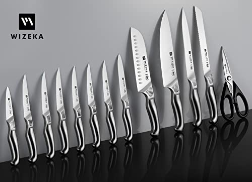 WIZEKA Kitchen Knife Set with Block, NSF Certified 15pcs German Steel 1.4116 Knife Block Set, Professional Chef Knife Set with Built-in Sharpener, Starry Sky Series