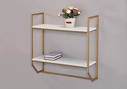 RAAMZO 2-Tier Metal Industrial 23.7" Wide Bathroom Shelves Wall Mounted, Wall Shelf Over Toilet, Towel Rack with Towel Bar, Utility Storage Shelf Rack in White Finish and Gold Frame