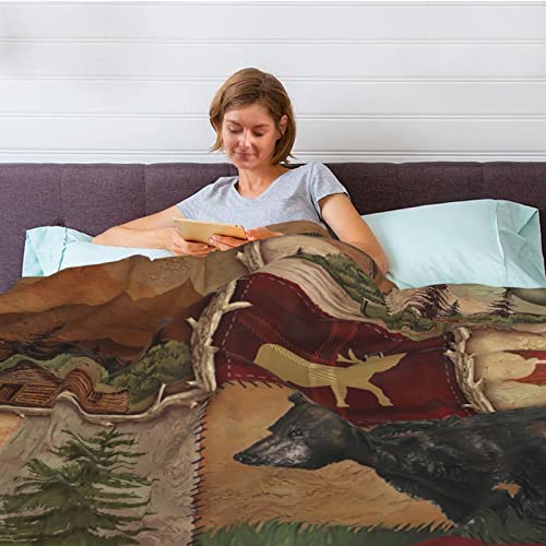 Country Style Rustic Cabin Wildlife Ultra-Soft Micro Fleece Throw Blanket,Lodge Bear Moose Deer,Custom Warm Lightweight Blanket for Couch Bed Living Room Bedroom Sofa 80"x60"