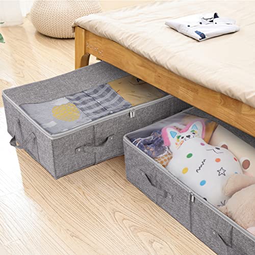 Vicyak 2 Pack Under Bed Storage Containers, 54L Large Capacity Linen Foldable Waterproof Storage Bins with Clear Window and 4 Reinforced Handles, Organizer Bags for Clothes, Blankets and Shoes