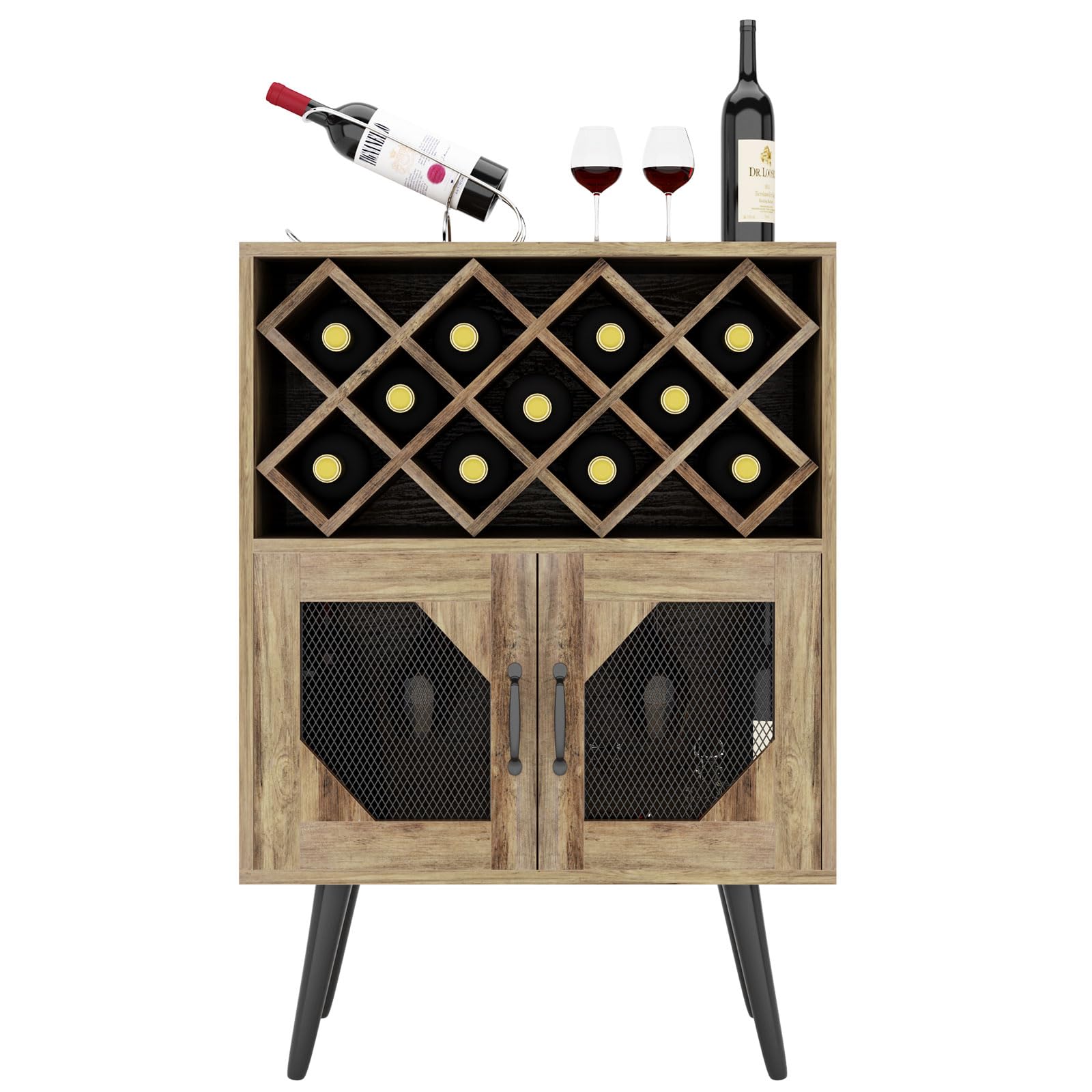 SogesHome 23.6 inches Wine Cabinet, Wine Storage Rack with 11 Bottle, Rack Wine Holder, Large Storage Cabinet with Metal Mesh Doors, for Kitchen, Dining Room, Living Room