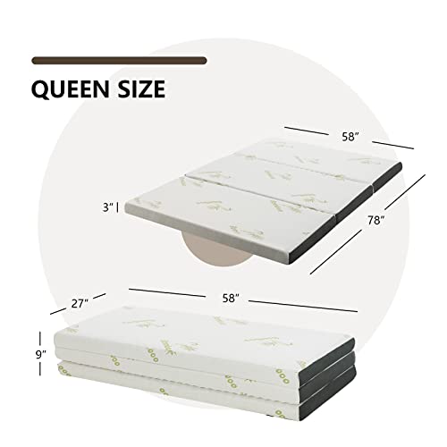 Giantex Folding Mattress Queen, 3” Tri-fold Memory Foam Mattress, Foldable Mattress Topper w/Soft Bamboo Cover, Portable Mattress w/Carrying Bag for RV Camping Guest Bed, CertiPUR-US Certified (Queen)