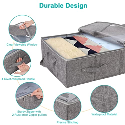 Vicyak 2 Pack Under Bed Storage Containers, 54L Large Capacity Linen Foldable Waterproof Storage Bins with Clear Window and 4 Reinforced Handles, Organizer Bags for Clothes, Blankets and Shoes