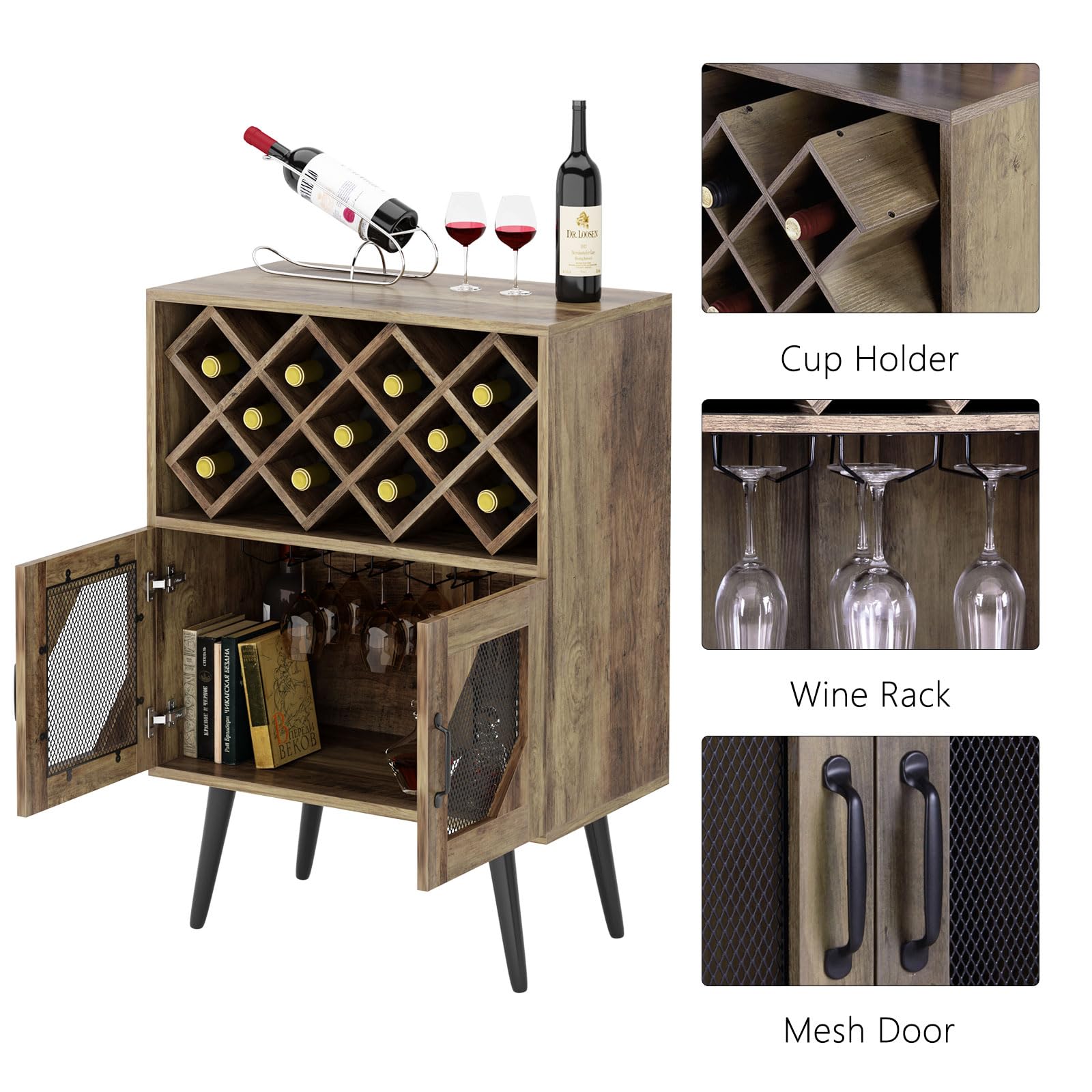 SogesHome 23.6 inches Wine Cabinet, Wine Storage Rack with 11 Bottle, Rack Wine Holder, Large Storage Cabinet with Metal Mesh Doors, for Kitchen, Dining Room, Living Room