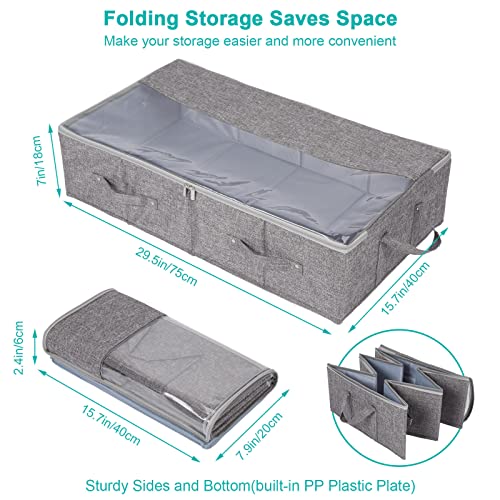 Vicyak 2 Pack Under Bed Storage Containers, 54L Large Capacity Linen Foldable Waterproof Storage Bins with Clear Window and 4 Reinforced Handles, Organizer Bags for Clothes, Blankets and Shoes