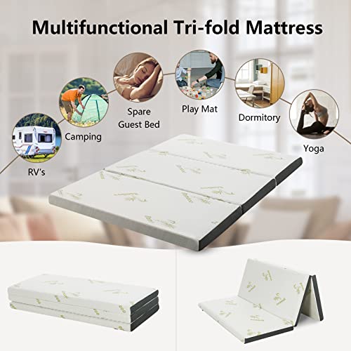 Giantex Folding Mattress Queen, 3” Tri-fold Memory Foam Mattress, Foldable Mattress Topper w/Soft Bamboo Cover, Portable Mattress w/Carrying Bag for RV Camping Guest Bed, CertiPUR-US Certified (Queen)