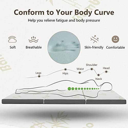Giantex Folding Mattress Queen, 3” Tri-fold Memory Foam Mattress, Foldable Mattress Topper w/Soft Bamboo Cover, Portable Mattress w/Carrying Bag for RV Camping Guest Bed, CertiPUR-US Certified (Queen)